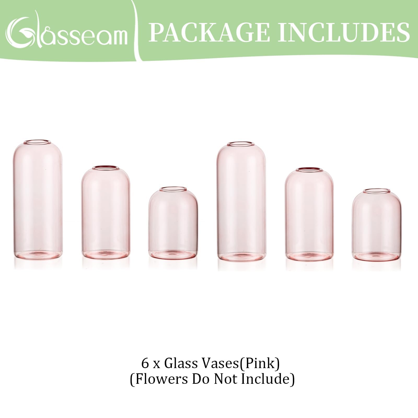 Glasseam Bud Vase Set of 6, Cute Pink Flower Vase Decor, Decorative Small Vases for Flowers, Unique Flower Vases for Centerpieces, Modern Cylinder Vases for Wedding Dining Table Decorations