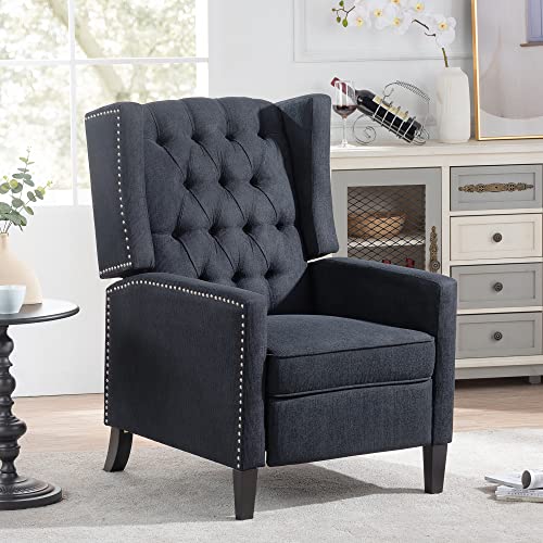 Pushback Recliner Chair,Comfy Wingback Recliner Sofa Chair with Adjustable Backrest,Tufted Fabric Accent Armchair with Vintage Rivets Trim for Living Room Office Home Theater (Black-New)