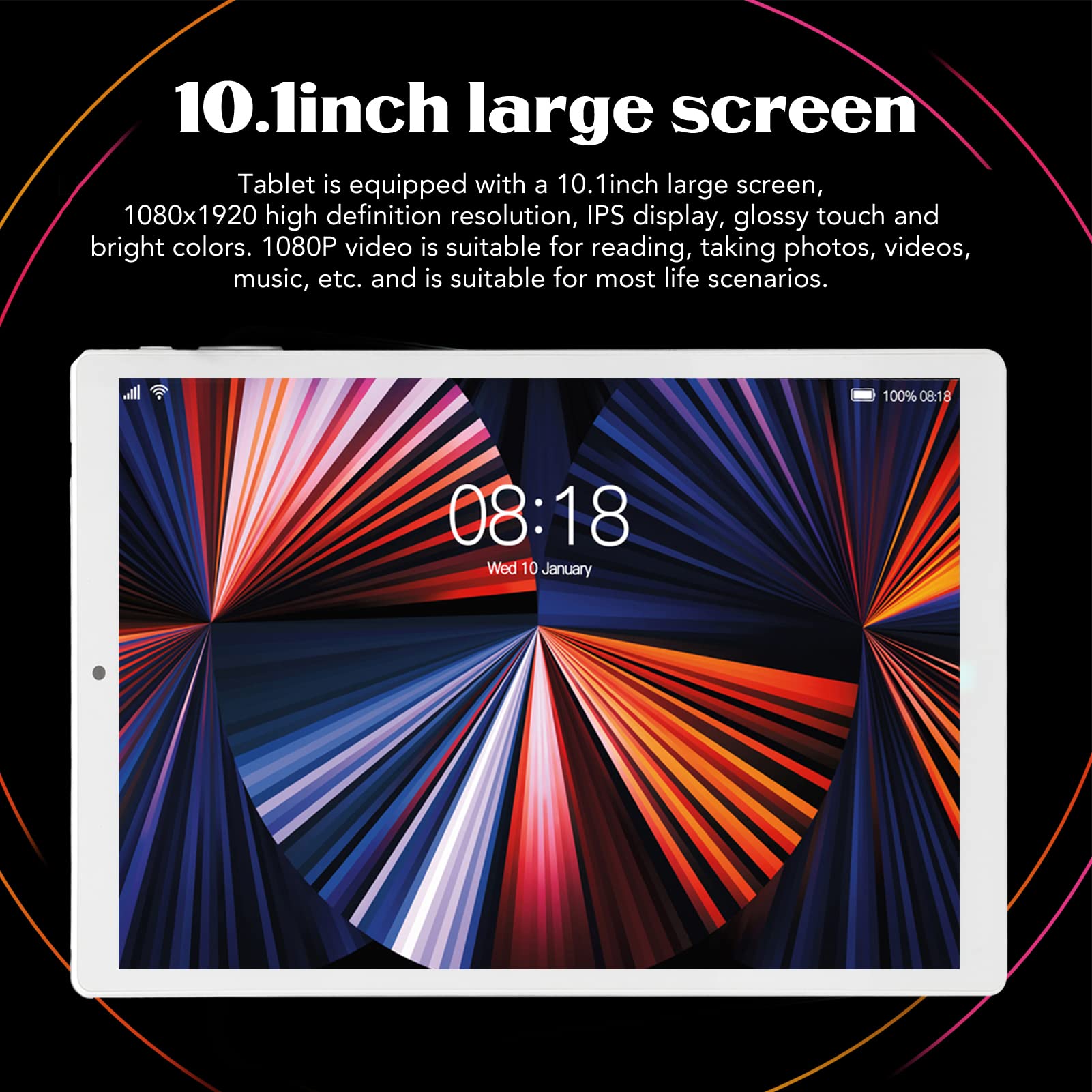Fydun 10.1 Inch Tablet, 1080x1920 IPS Display 10 Core Silver 4GB 64GB CPU 8000mAh 13MP Camera HD for Work Study 100‑240V US Plug