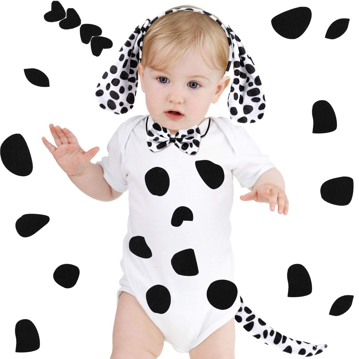 WILLBOND Dalmatian Dog Ear Headband, Bow Tie, Tail Set with 4 Sheets Adhesive Felt Circles Felt Pads for Halloween DIY Projects Costume Party Decorations Supplies