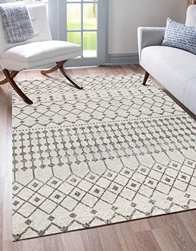 THE BEER VALLEY Area Rug 5x7 Feet Modern Neutral Carpet for Living Room, Bedroom, Kitchen - Moroccan Boho Indoor Non Shedding Area Rugs - Off White/Grey