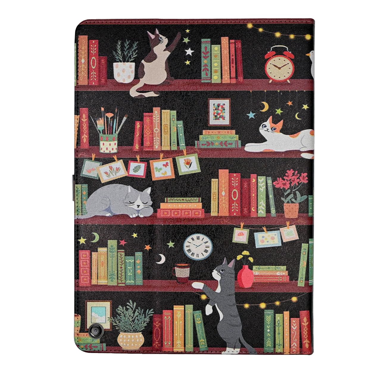 YOYOYX Case for All-New Kindle Fire HD 10 & 10 Plus Tablet (11th Generation, 2021 Release), Book Lovers Design PU Leather Folio Multi-Angle Stand TPU Back Cover, Cat Bookshelf