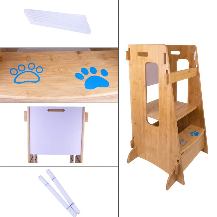 Learning Tower, Bamboo Height Adjustable Toddler Tower, Professional Toddler Kitchen Stool Helper, Kitchen Helper Stool for Toddlers, The Toddler Step Stool with Painting Tools.