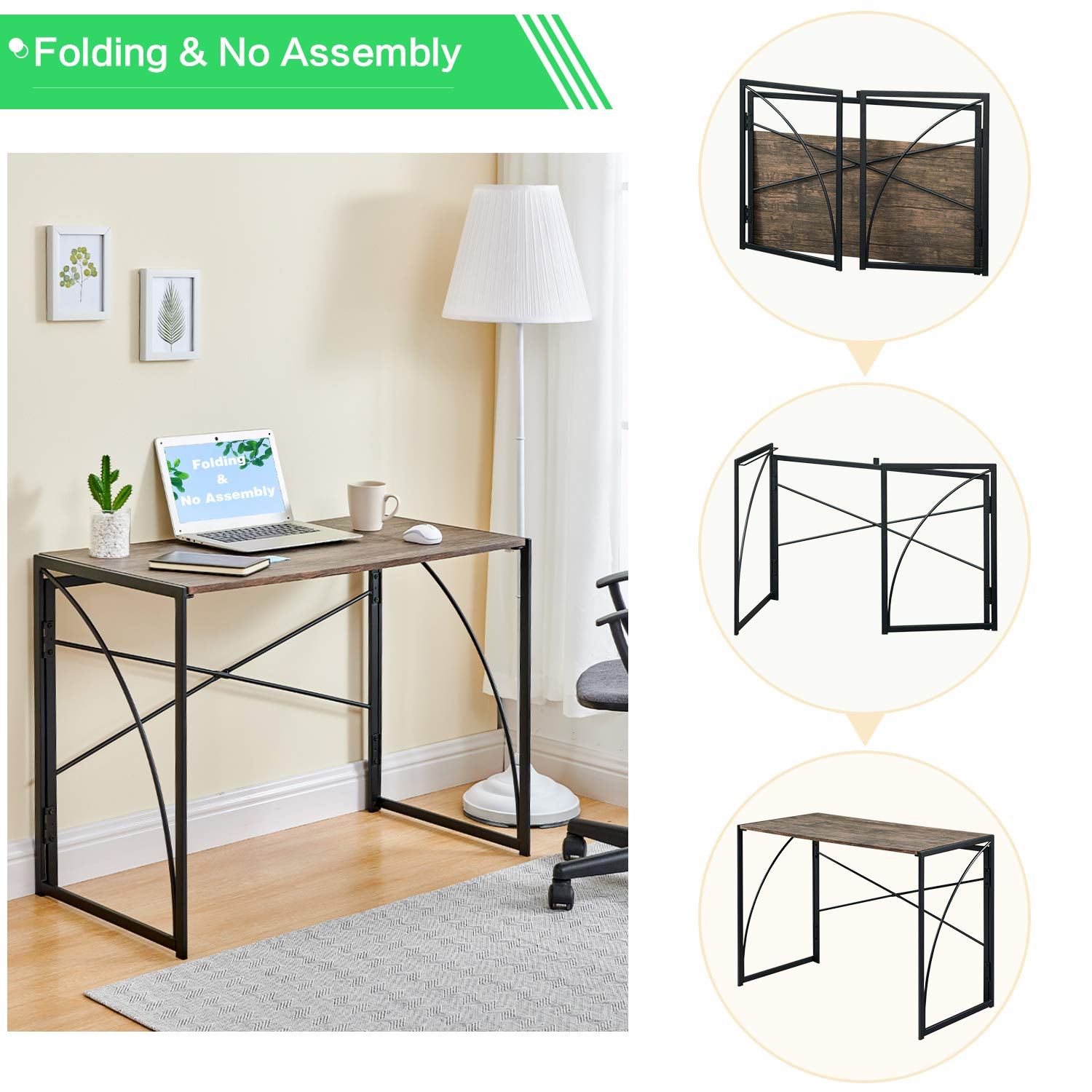 Folding Desk Computer Gaming Desk 40” No Assembly Laptop Desk Small Kids Writing Desk for Home Office Portable Wood Student Study PC Table Modern Space Saving School Work Desk for Bedroom, Brown