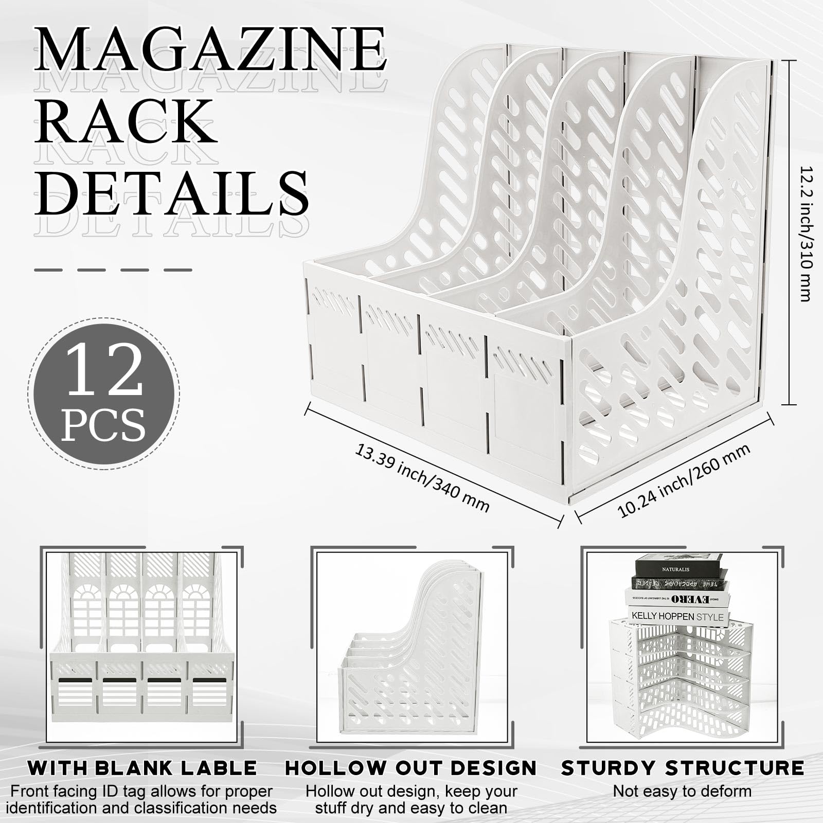 Glenmal 4 Pcs Back to School Plastic Magazine File Holder Vertical Magazine Organizer 4 Compartments Book Rack File Folder Magazine Storage Boxes for Classroom Office Desk (White)