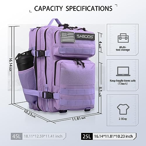 Saboos Gym Backpack for Women Tactical Military Outdoor Hiking Travel Camping Backpack Nylon Large Rucksack 25L Purple