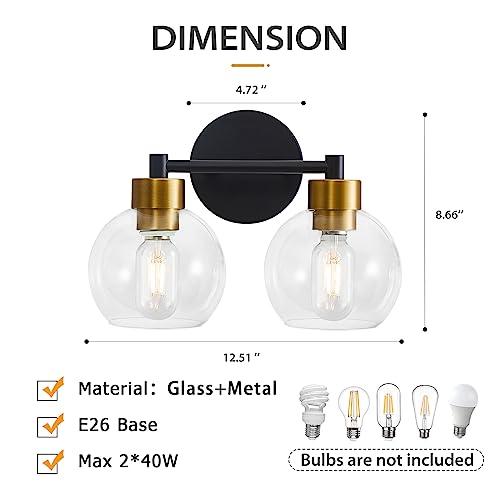 yenlacy Bathroom Light Fixtures, Black and Gold 2 Light Bathroom Vanity Light, Bathroom Lights Over Mirror with Globe Glass Shade and Metal Base, Vanity Lights for Bathroom, Stairs, Kitchen