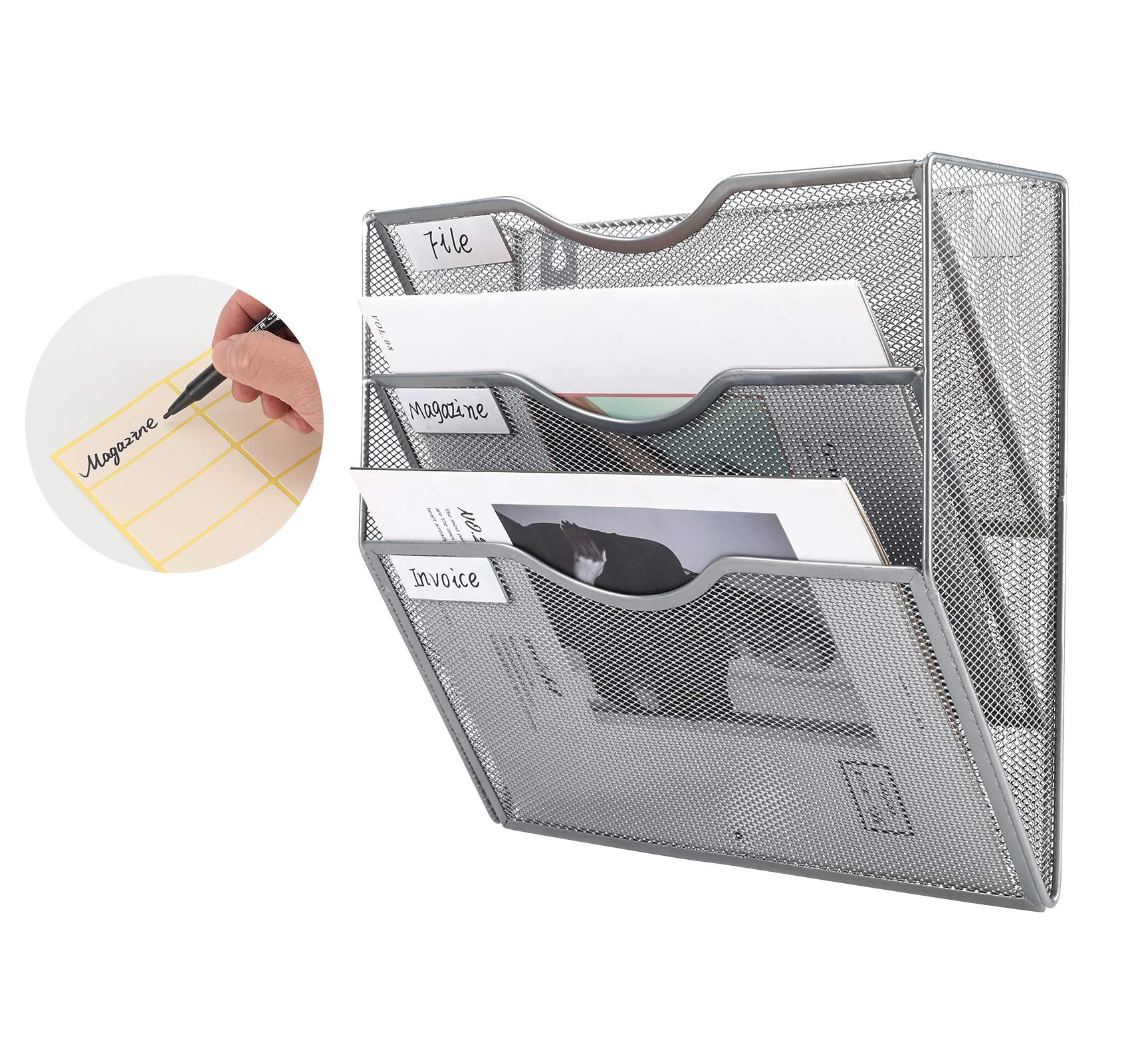 EasyPAG 3 Tier Wall File Holder Hanging Mail Organizer Meta Wall Mount Magazine Rack for Home and Office,Silver
