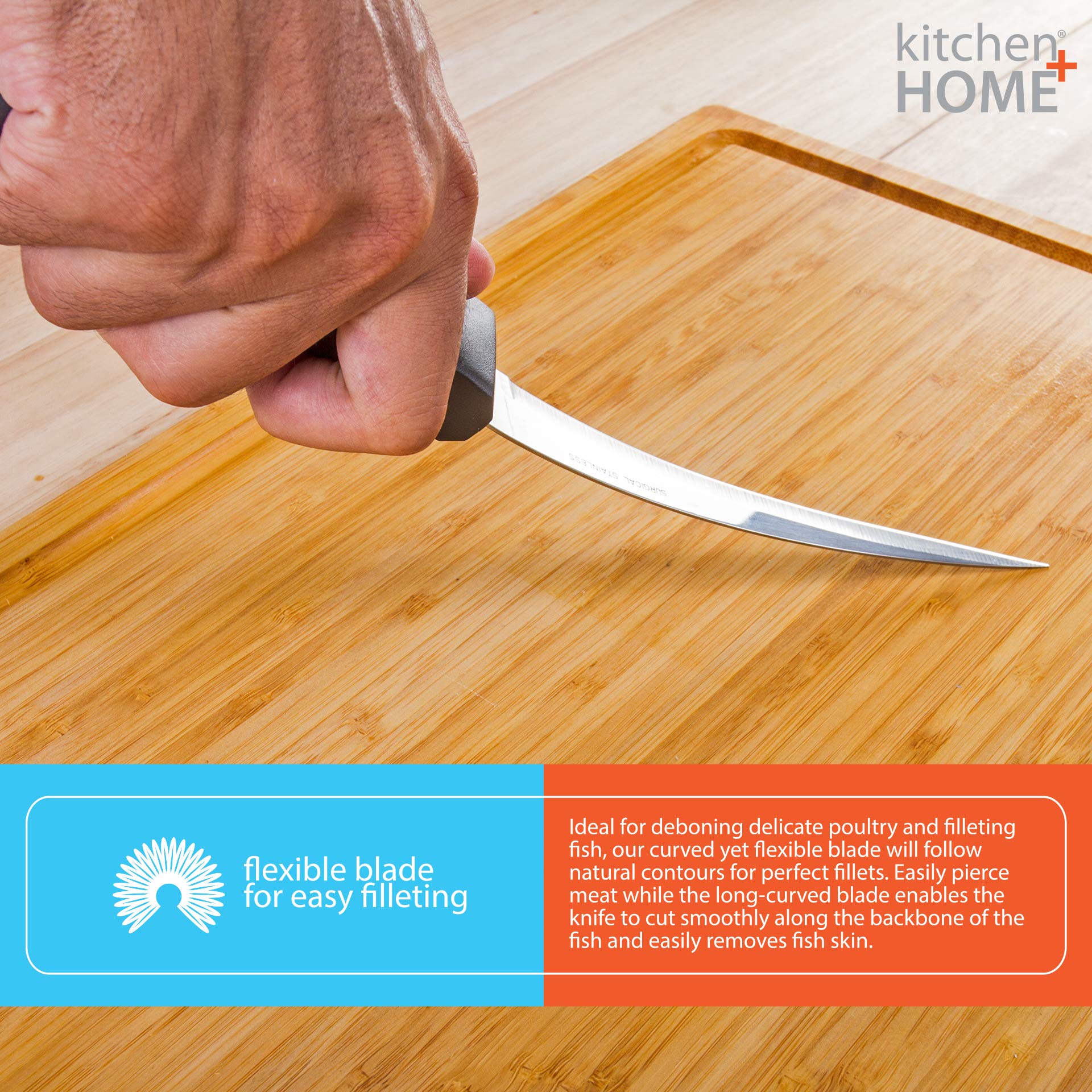 Kitchen + Home Fillet Knife – Flexible 7” Ultra Sharp Surgical Stainless Steel Curved Boning Knife