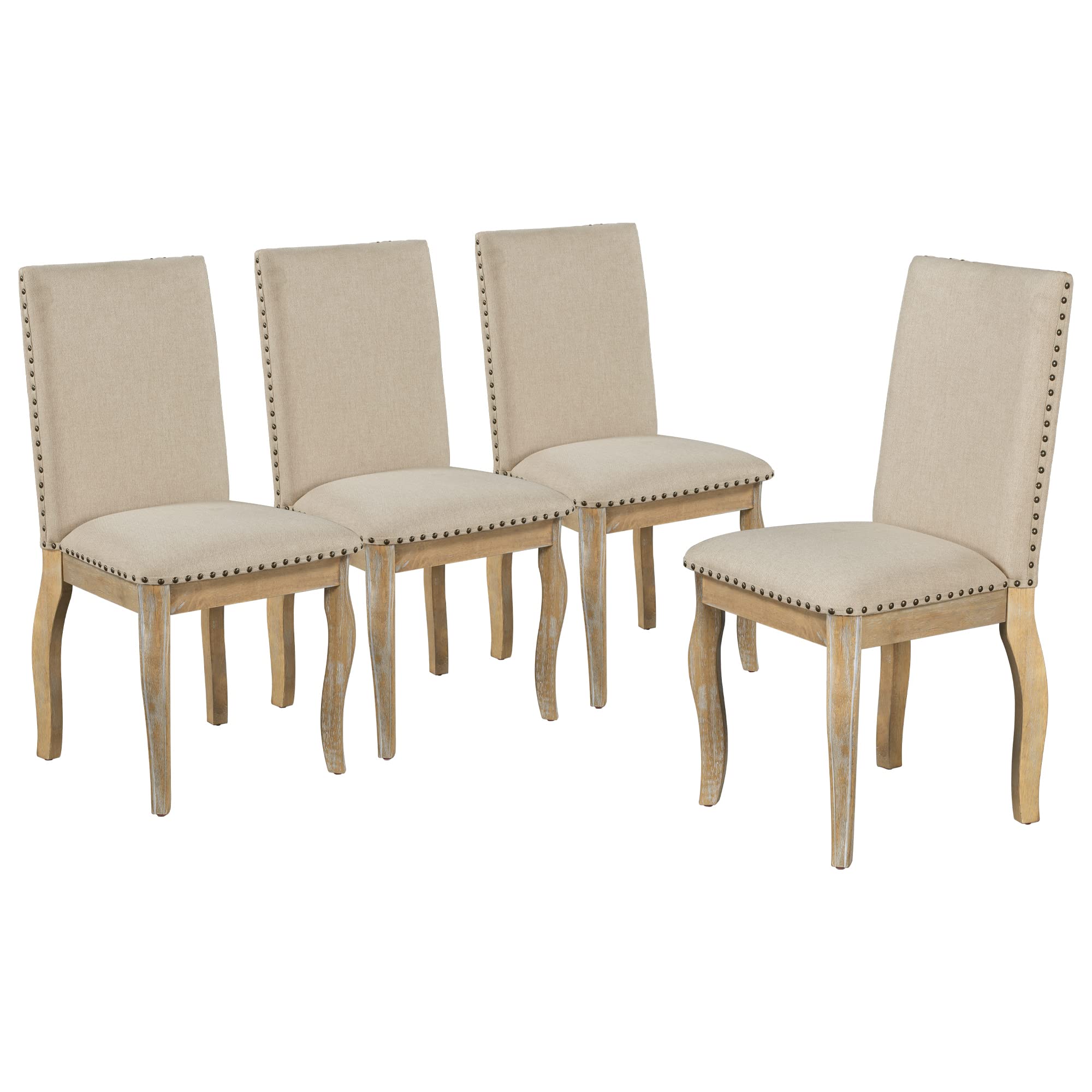 FIQHOME Upholstered Fabirc, Dining Room Chairs with Nailhead (Natural Wood Wash, Set of 4)
