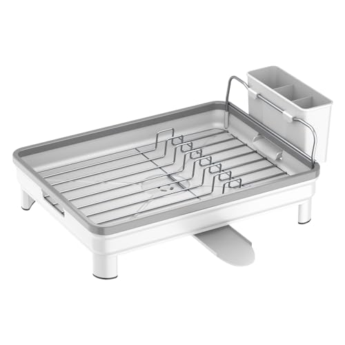 Ewaiira Dish Drying Rack, Dish Racks for Kitchen Counter, Anti-Rust Dish Dryer Rack with 360° Swivel Spout Drainboard Set, Utensil Holder and Cup Holder for Kitchen Countertop (White)