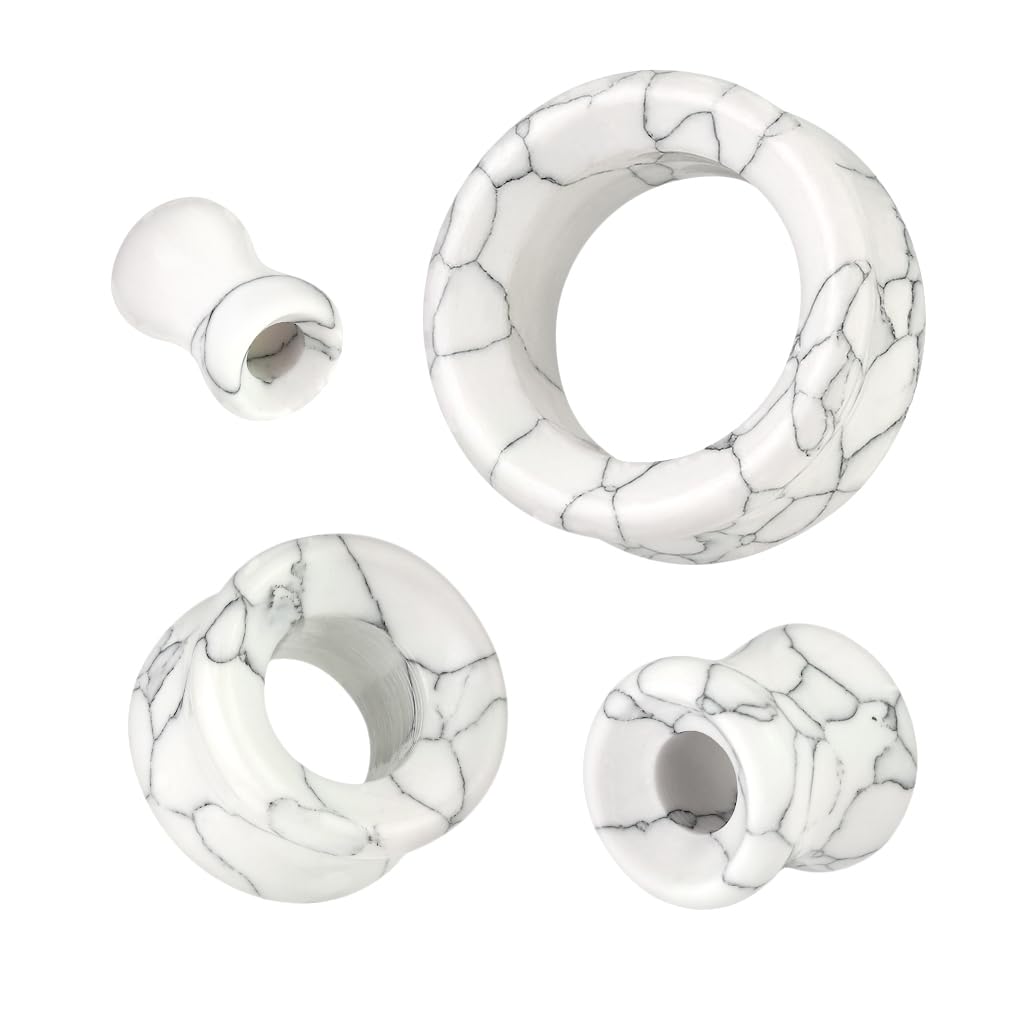 Ear gauges organic stone ear plug jewelry hollow White Howlite double saddle soscene plugs 16mm 5/8 inch