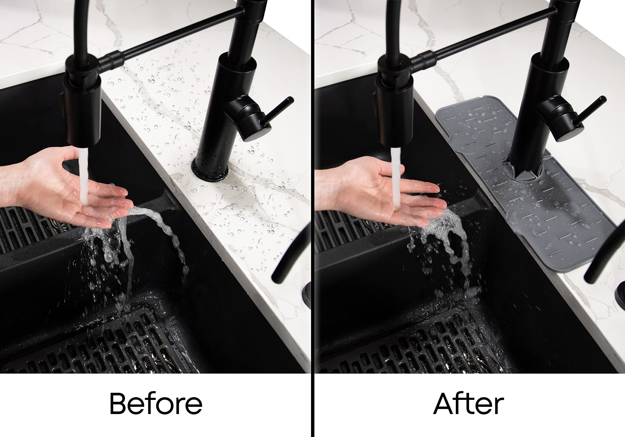 LCbasics - Sink Splash Guard - Silicone Faucet Handle Drip Catcher Tray - Sink Protectors for Kitchen Sink - Faucet Splash Guard for Kitchen Sink and Bathroom - Sink Mat Keeps Area Drier (BLACK-SMALL)