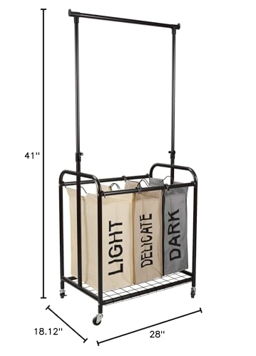 Oceanstar 3-Bag Rolling Laundry Sorter with Adjustable Hanging Bar, Color