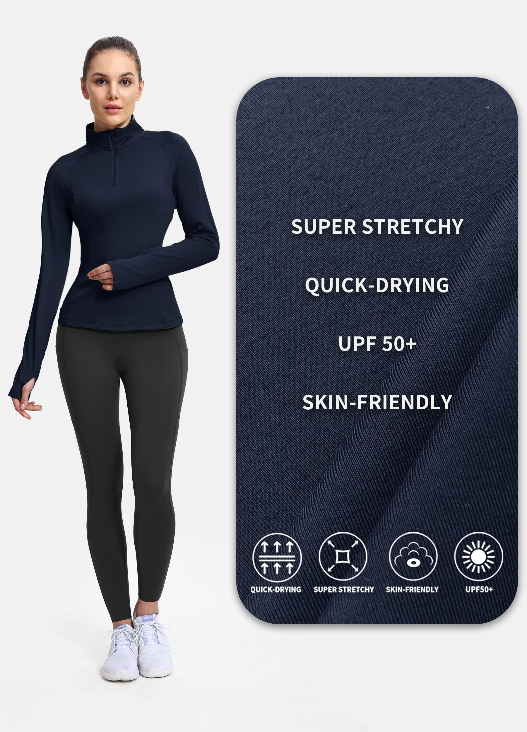 Hiverlay Women's Thermal Fleece Half Zip Thumbholes Long Sleeve Running Pullover Equestrian Shirt for Cold Weather Blue S