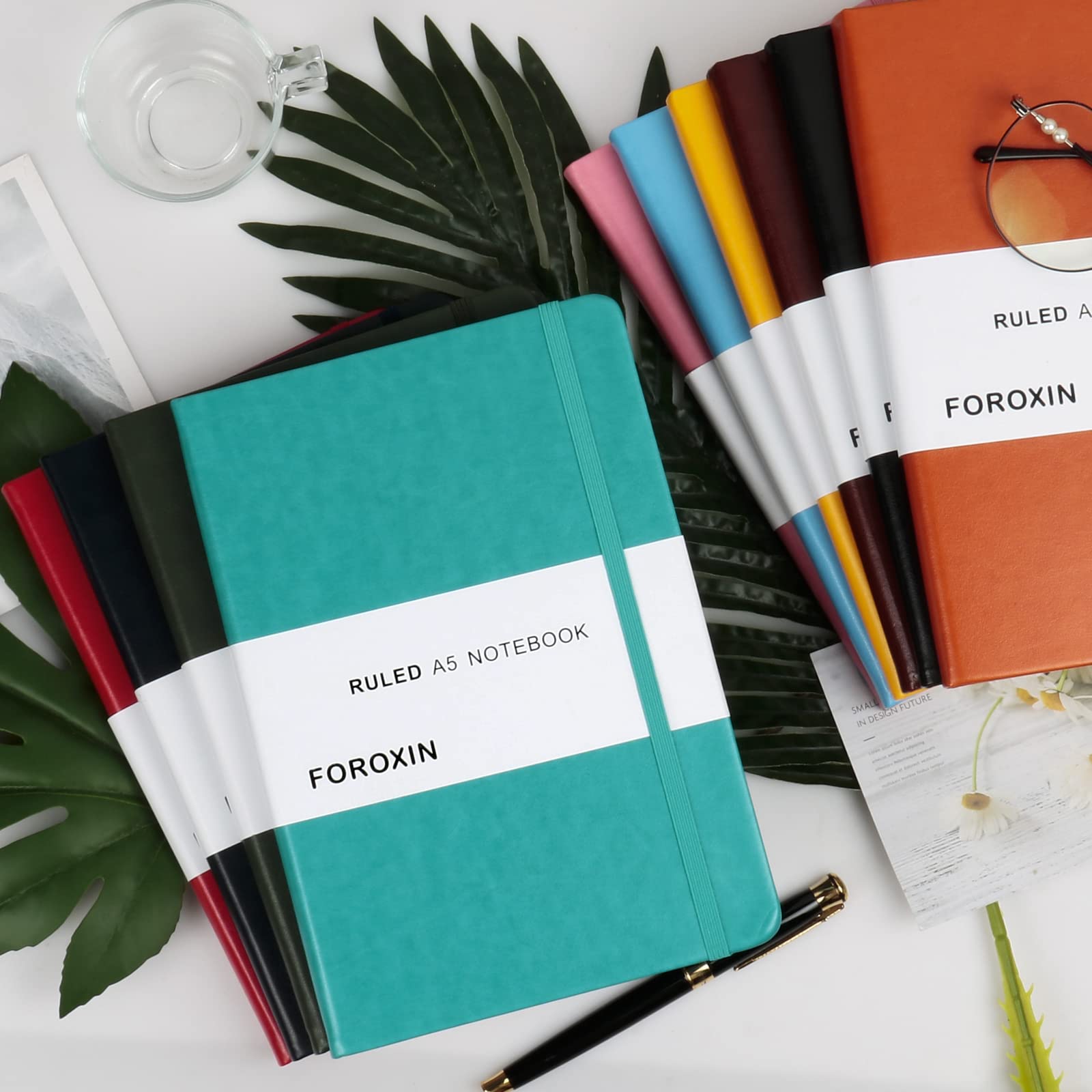 foroxin Lined Journal Notebook Dark Green Leather for Women Men 2 Pack 8.3 x 5.7 Large College Ruled 192 Pages 80gsm Hardcover Notebooks Work Home School with Elastic Band Closure and Ribbon Bookmark