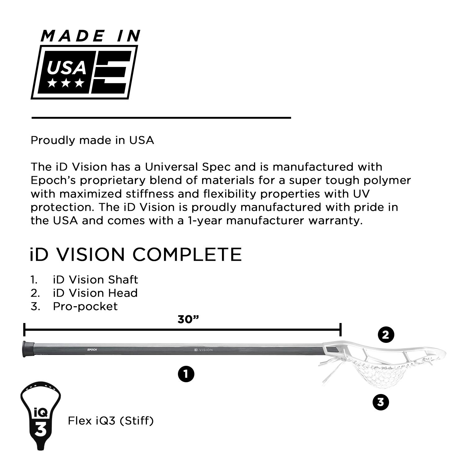 Epoch iD Vision Jr. Complete Lacrosse Stick for U14, 30", Stiff-Flex iQ3, C30, White & Silver