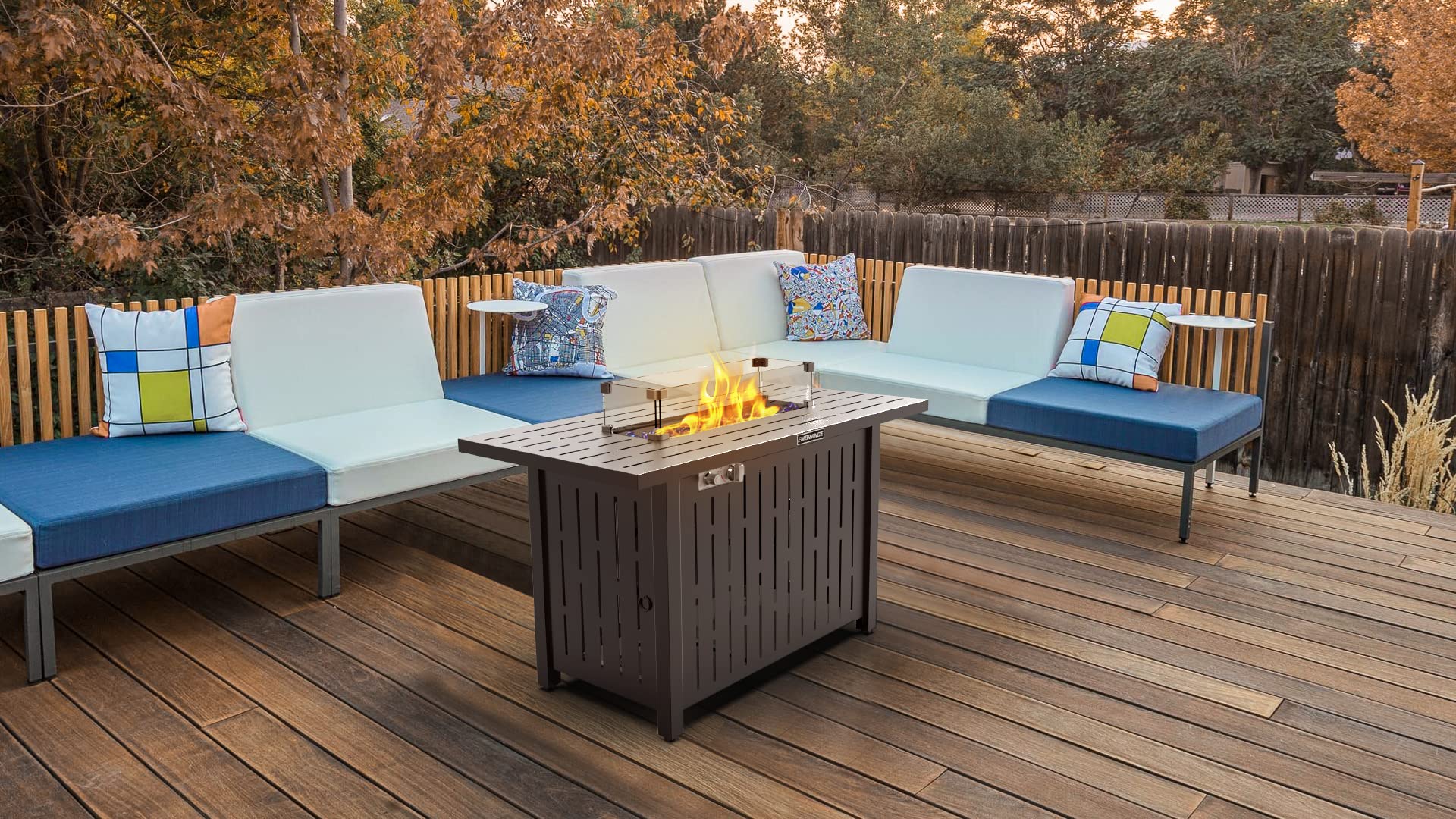 EMBRANGE 43-" Propane Gas Fire Pit Table, Pulse Ignition 50,000BTU CSA Certification Rectangle Firepit Table with Glass Wind Guard Fire Glass Metal Lid & Cover for Outside (Brown) (USAKKOYN1038057)