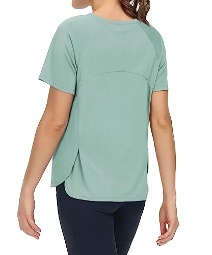THE GYM PEOPLE Women's Short Sleeve Workout Shirts Breathable Yoga T-Shirts with Side Slits Athletic Tee Tops Light Green