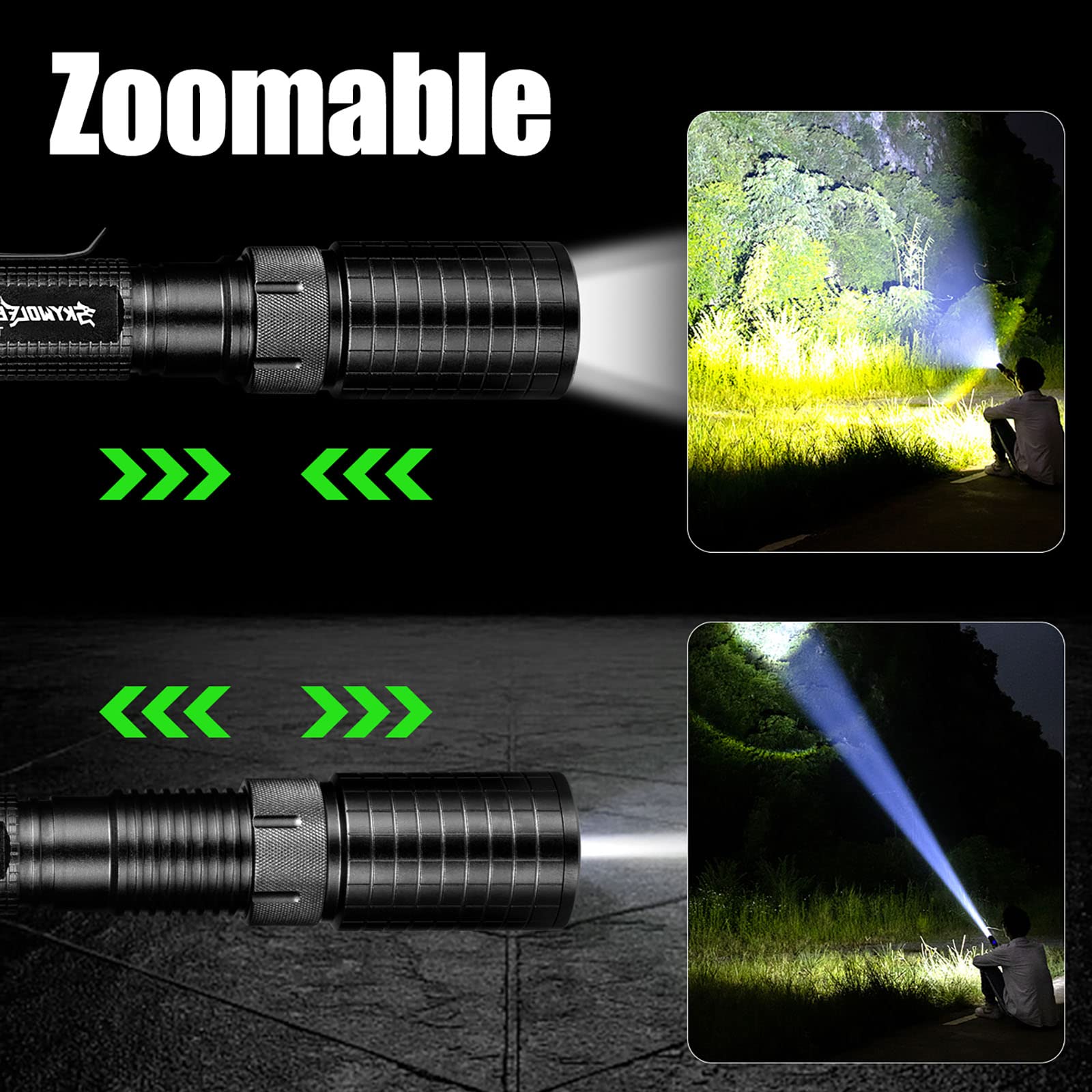 LED Flashlights 4-pcs Rechargeable Battery and Battery Charger 4 Bay Dual Power Flashlight with Clip 5 Modes Water Resistant High Lumen for Hiking Camping Hunting Fishing (Green)
