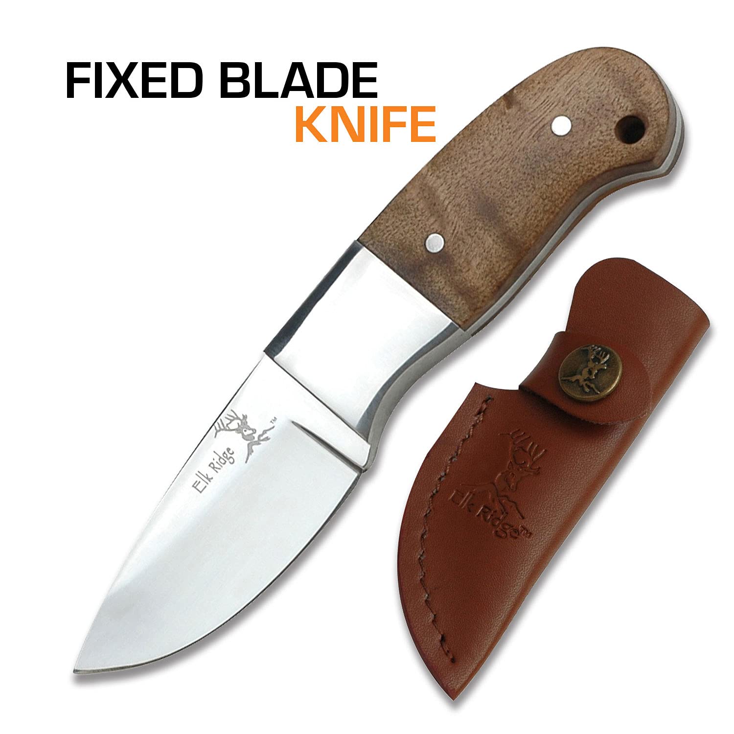 Elk Ridge - Outdoors Fixed Blade Knife - 5-in Overall, 440 Stainless Steel Mirror Polished Blade, Burl Wood Handle, Leather Sheath - Hunting, Camping, Survival, Everday - ER-111
