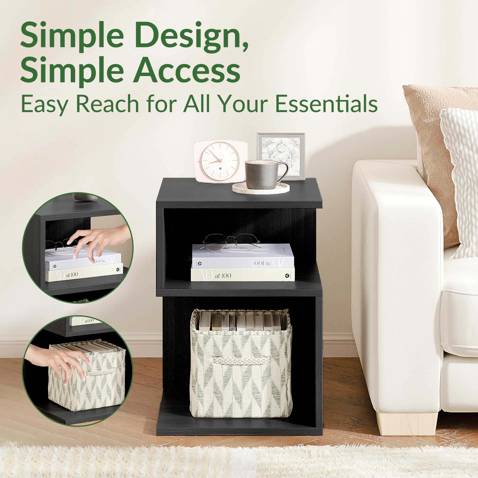 ODIKA Night Stand Set of 2 for Bedroom Beside Table with Storage Wood Nightstand Bed Side Table (Black Combo)