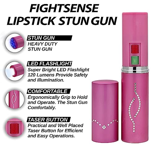 FIGHTSENSE Women Self Defense Kit W/Pepper Spray and Lipstick Stun Gun W/Flashlight, 25Burst, 1.6µC Painful Charge, Rechargeable Battery, includes Keychain Leather Pouch(Pink/PBSpray)