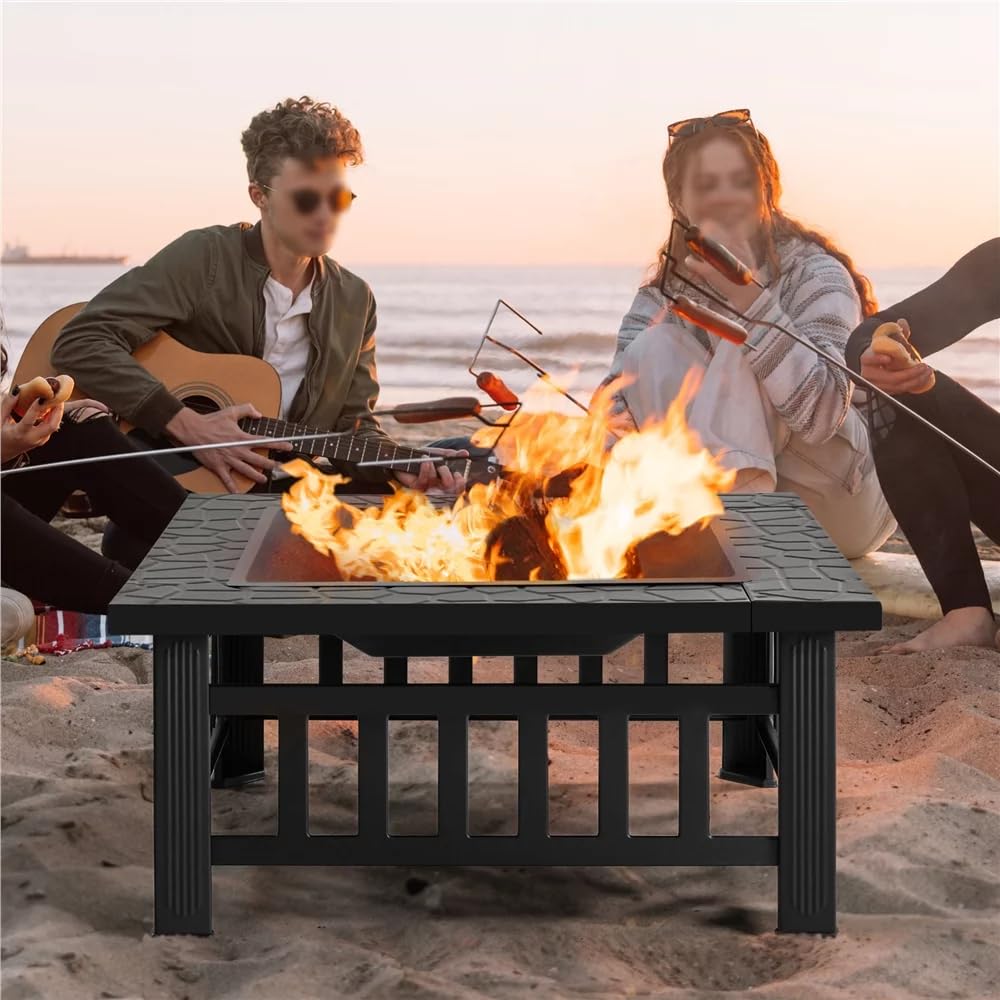 Fire Pit 32'' Wood Burning Firepit Metal Square Outdoor Fire Tables SteelFire Pit Bowl with Spark Screen Cover, Poker Log Grate for Patio Bonfire Camping Backyard Garden Picnic