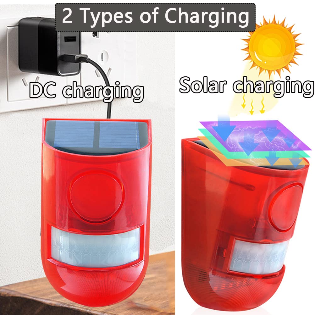 LEDHOLYT 2Pcs Solar Strobe Light with Sound, Wall Mounted Outdoor Motion Red Sensor Alarm,4 Mode IP65 Waterproof Motion Flashing Sensor Siren 129db Warning Sound for Home Fence Farm Yard Garage Barn.