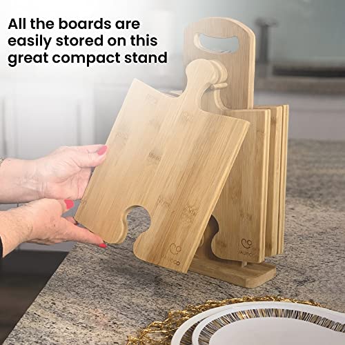 JAUNCO Bamboo Cheese Board Set of 4 | Large Charcuterie Boards | Unique Puzzle Design with Stand | Serving Platters and Trays for Parties | Cheeseboard Charcuterie Board Set | Wine Accessories