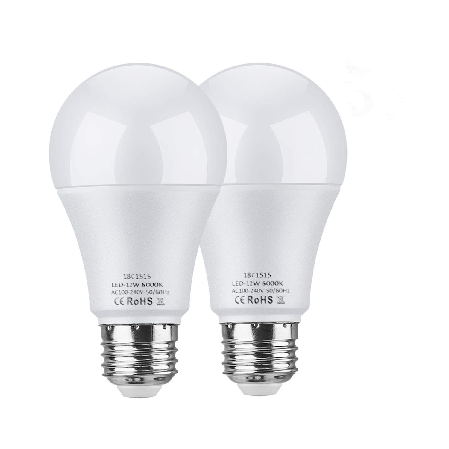 Dusk to Dawn Light Bulbs Outdoor 100W Equivalent Light Bulb E26/E27 Sensor Bulb 12W Smart Light Bulbs 6000K for Home, Front Porch Light, Yard Light, Garage Light, White-2 Pack