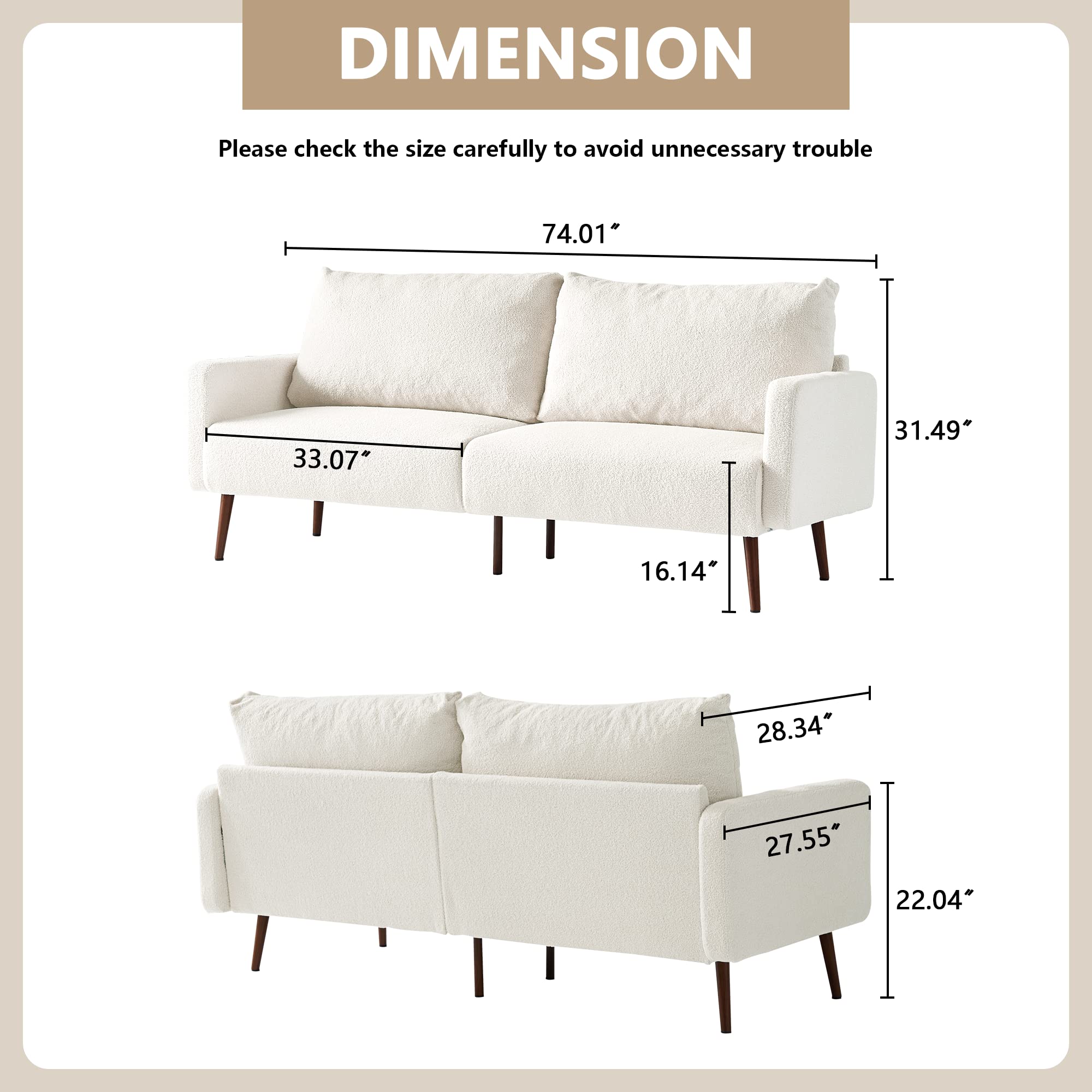 ORRD Large Sofa, 74 Inch Teddy Velvet Loveseat Couch Mid-Century Modern Upholstered Accent Couches for Living Room, Apartment, Bedroom