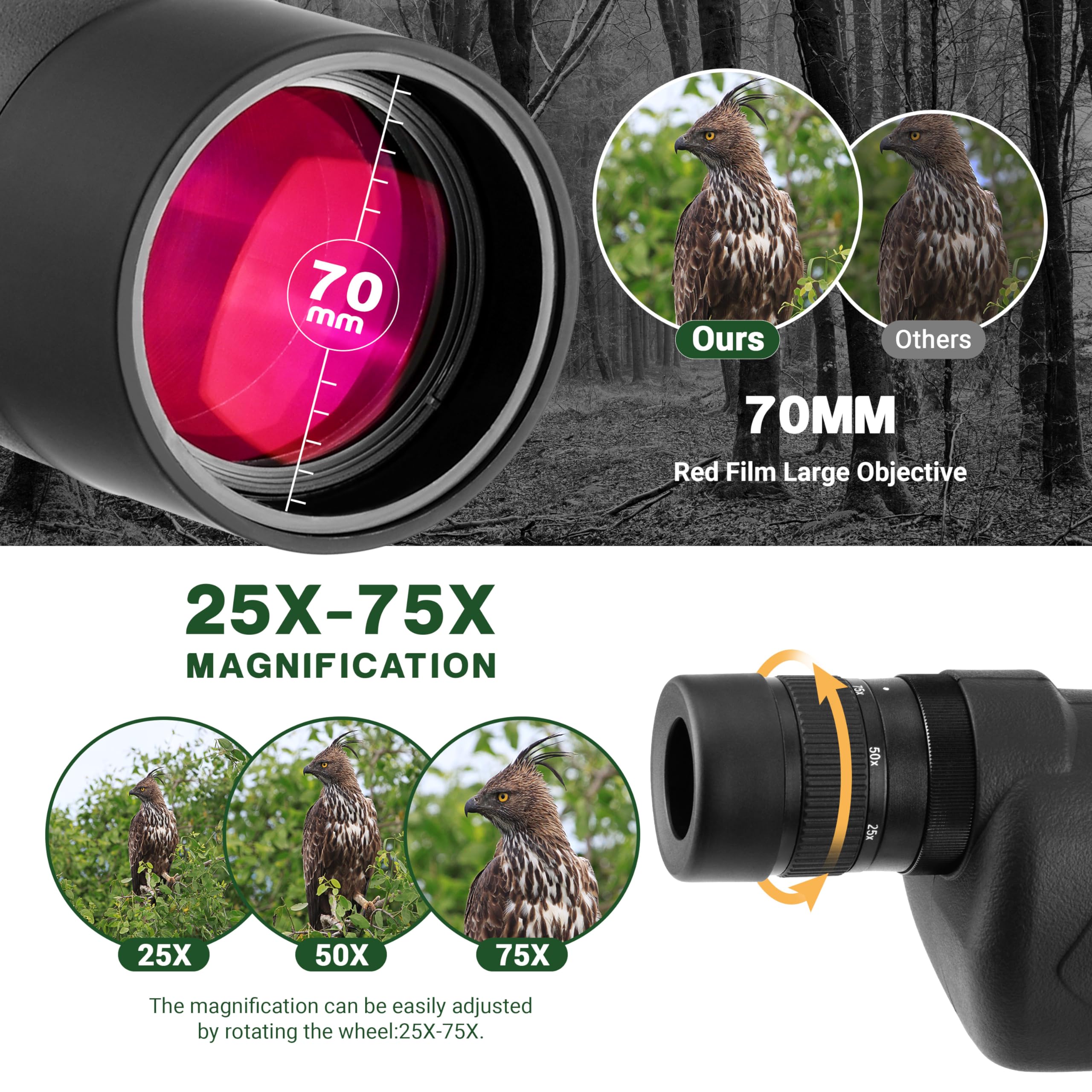 ESSLNB Spotting Scope with Tripod and Phone Adapter BAK4 25-75X70 FMC Target Spotting Scope for Hunting Straight Spotting Scope for Target Shooting Bird Watching