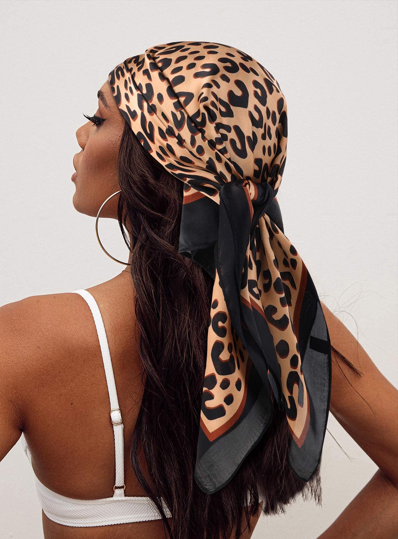 GERINLY Animal Print Scarfs for Women Leopard Neck Scarf Satin Head Scarf for Ponytail Brown Silk Purse Scarf (Leopard)