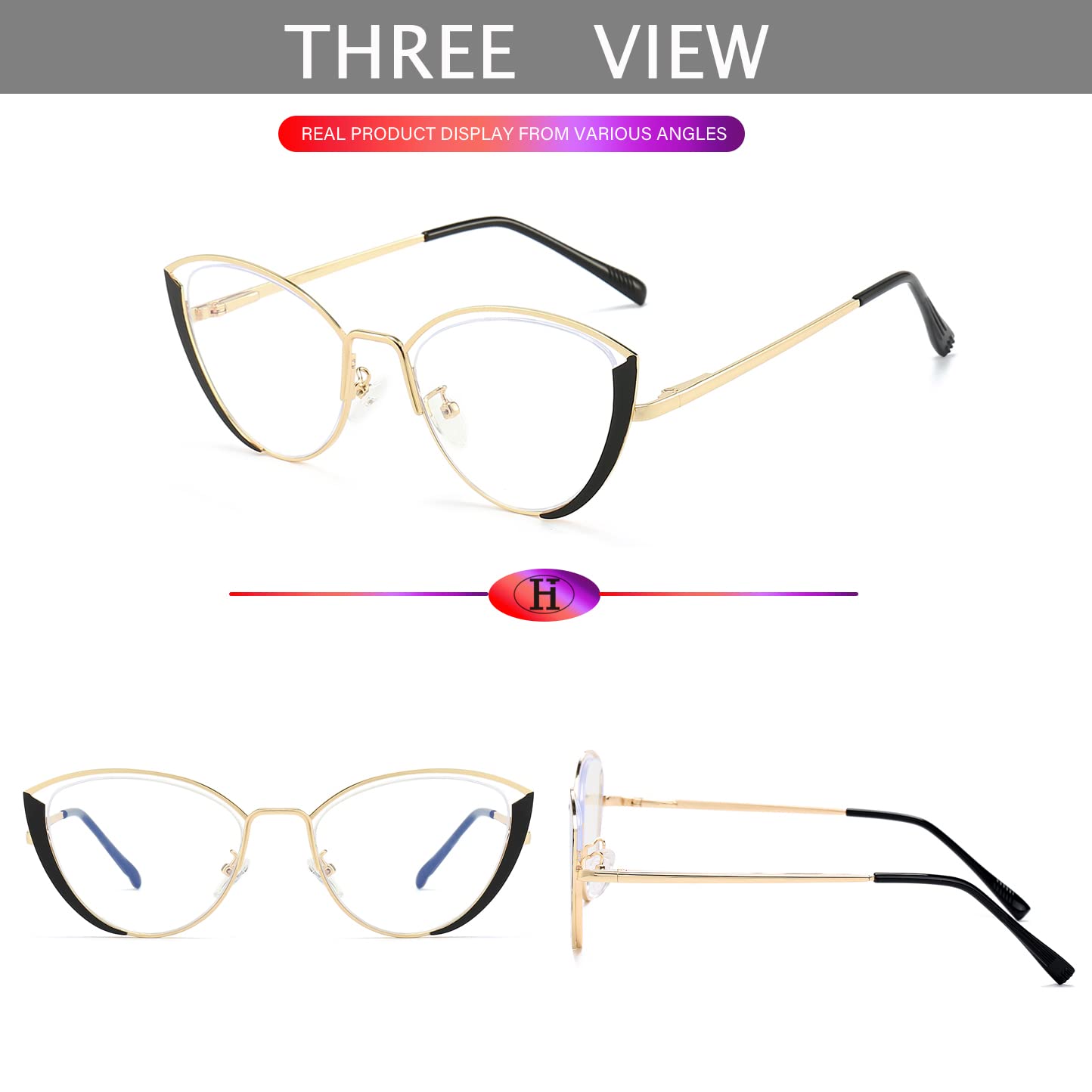 HJSTES Blue Light Blocking Glasses Women Trendy Cat Eye Metal Frame Computer Reading Eyewear(Black)