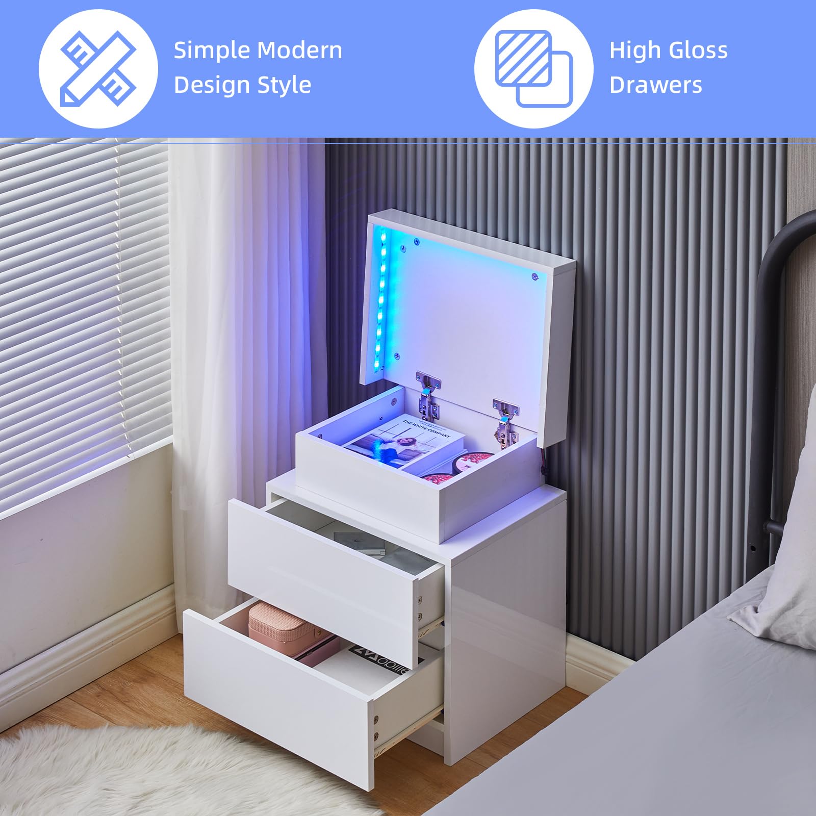 OFCASA Nightstand Set of 2 with LED Light Modern Bedside Table with 2 High Gloss Drawers Smart Night Stand for Bedroom and Living Room(White)