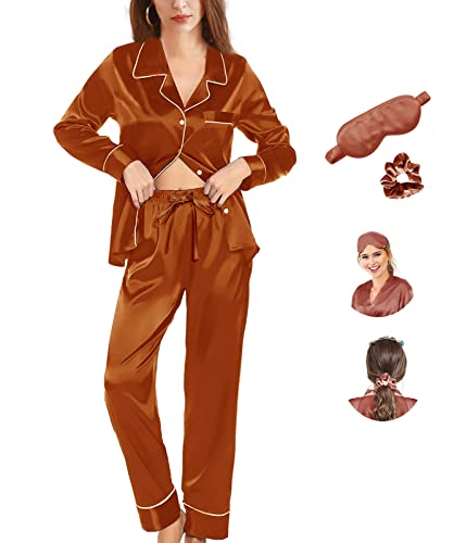 WJing Yi Jia Womens Pajama Set Silk Satin Pajamas Long 2pc Pjs Button Down Sleepwear Pj Set Loungewear