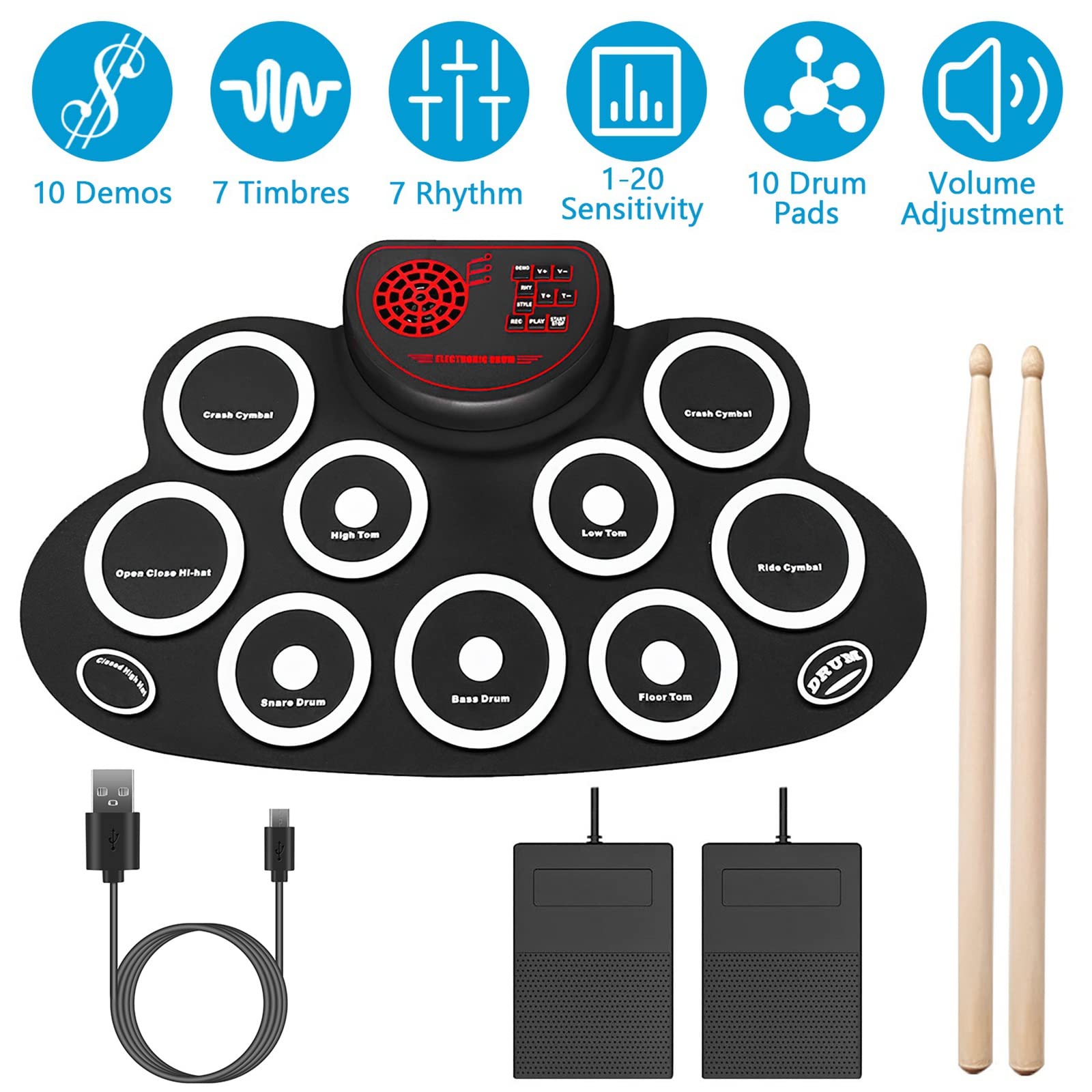KOCASO Electric Drum Pad Foldable 10-Drum Silicon Drum Kit Dual-Pedal Foldable Electronic Drum Set Machine with Drum 2 Sticks Headphone Jack Speaker for Kids, Beginners