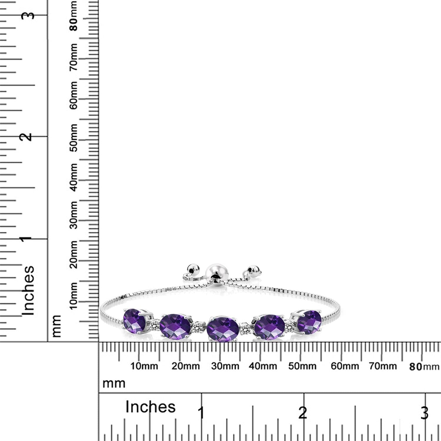 Gem Stone King 925 Sterling Silver Oval Checkerboard Purple Amethyst and White Diamond Tennis Bracelet For Women (6.26 Cttw, Gemstone Birthstone, Fully Adjustable Up to 9 Inch)