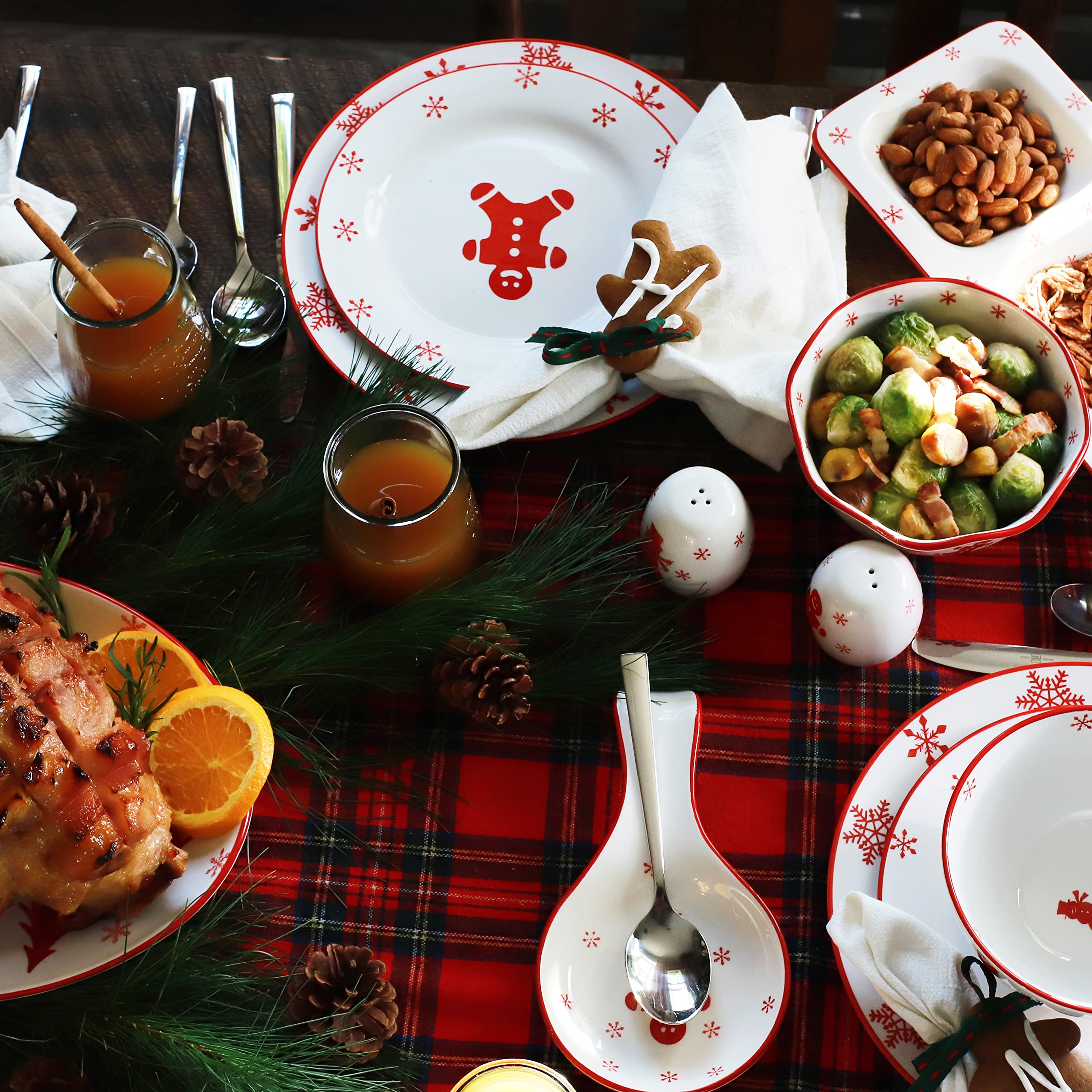 Euro Ceramica Winterfest Collection 12 Piece Dinnerware Set | Festive Ceramic Stoneware Dinnerware Set | Service for 4 | Hand-Stamped Holiday Design, Red & White Christmas Patterns,WFT-12000-DS
