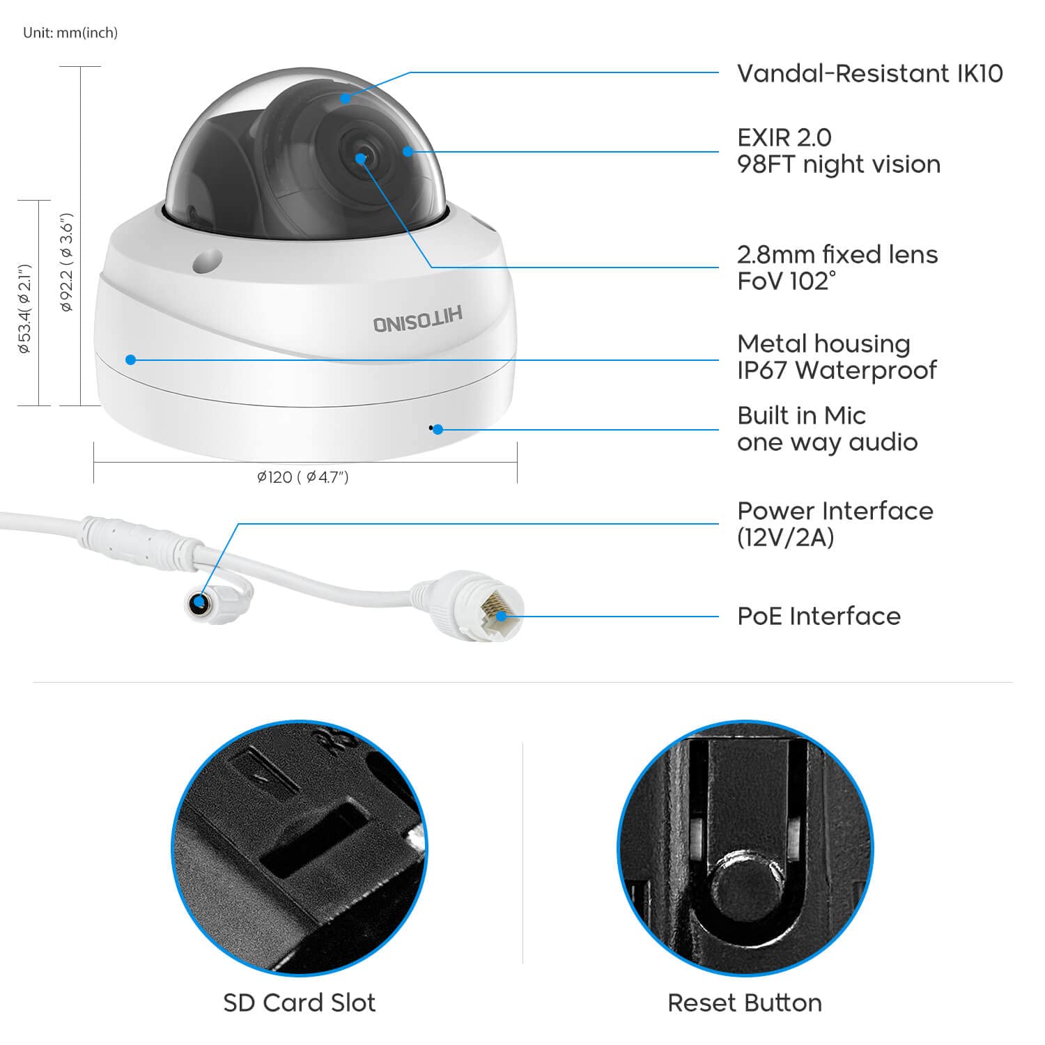 HITOSINO 8MP IP PoE Camera, 1/2.5 Progressive CMOS Sensor Dome Camera, 2.8mm Wide Angle Len, Human/Vehicle Detection, 98ft Night Vision, H.265+
