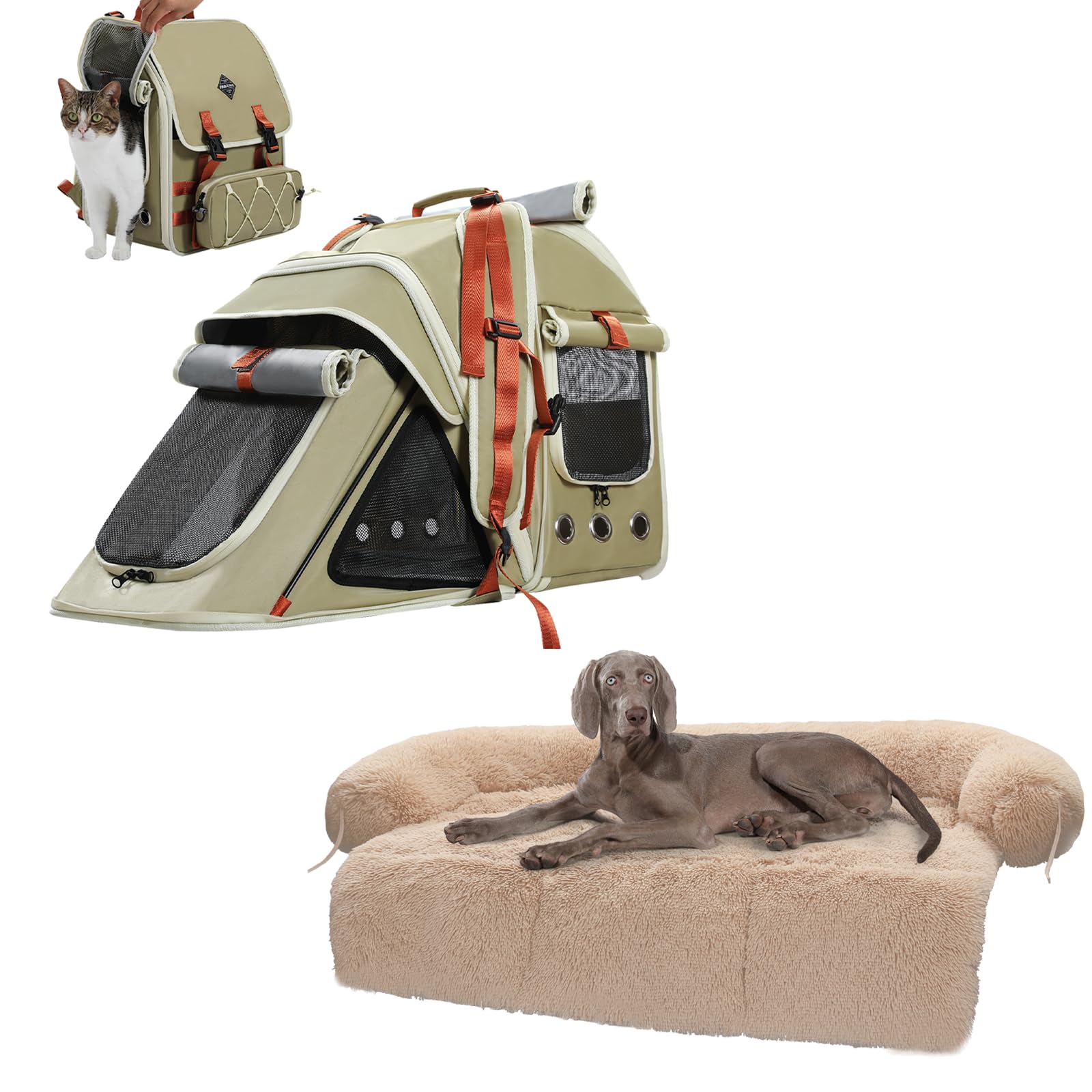 Expandable Cat Carrier with Detachable Treat Pouch, Cat Backpack for Large Cats Bundle Fluffy Dog Couch Bed, Modular Dog Bed for Large Dogs