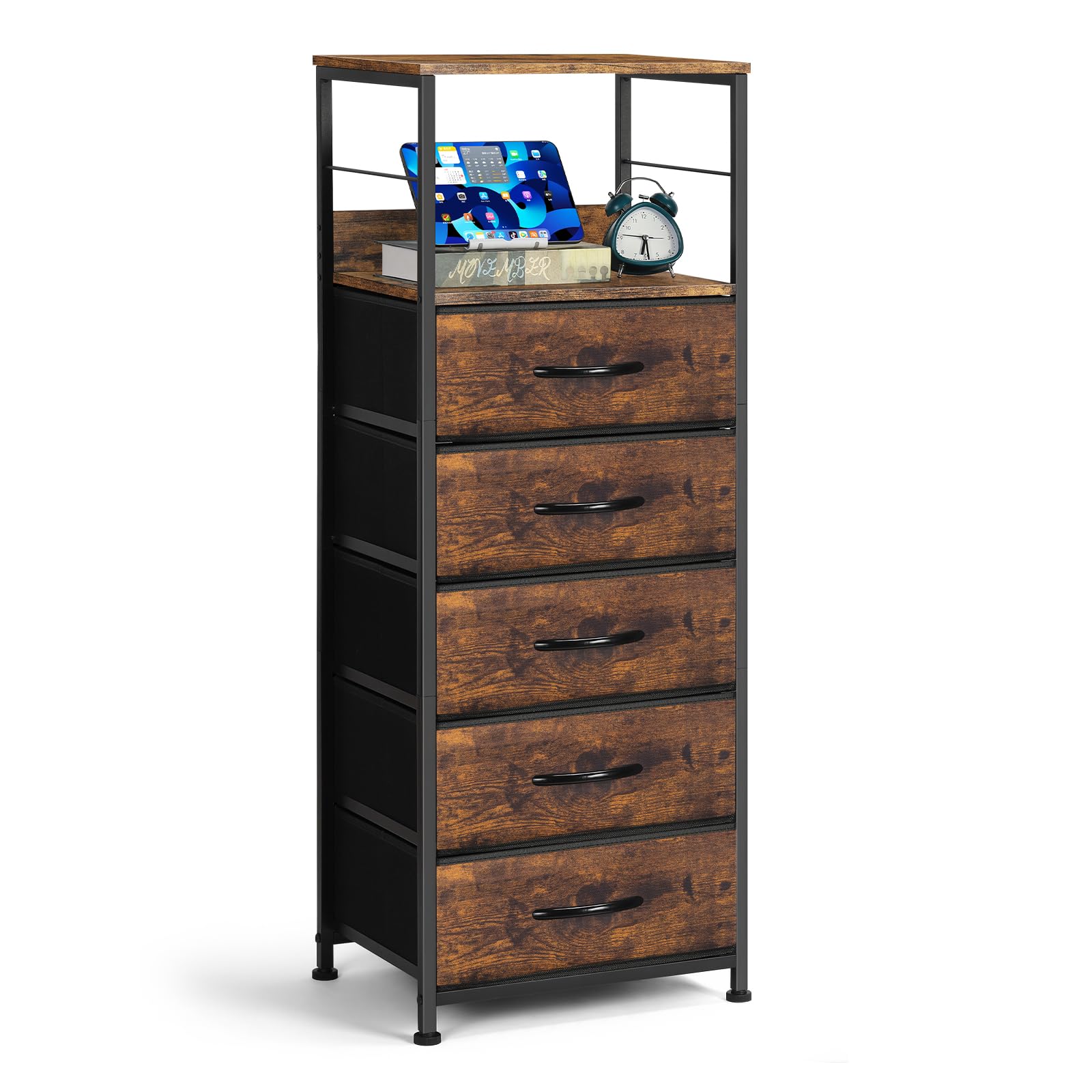 YBING Tall Nightstand 5 Drawer Dresser for Bedroom Vertical End Table Chest for Nightstand, Open Shelf, Steel Frame, Bedside Table Black