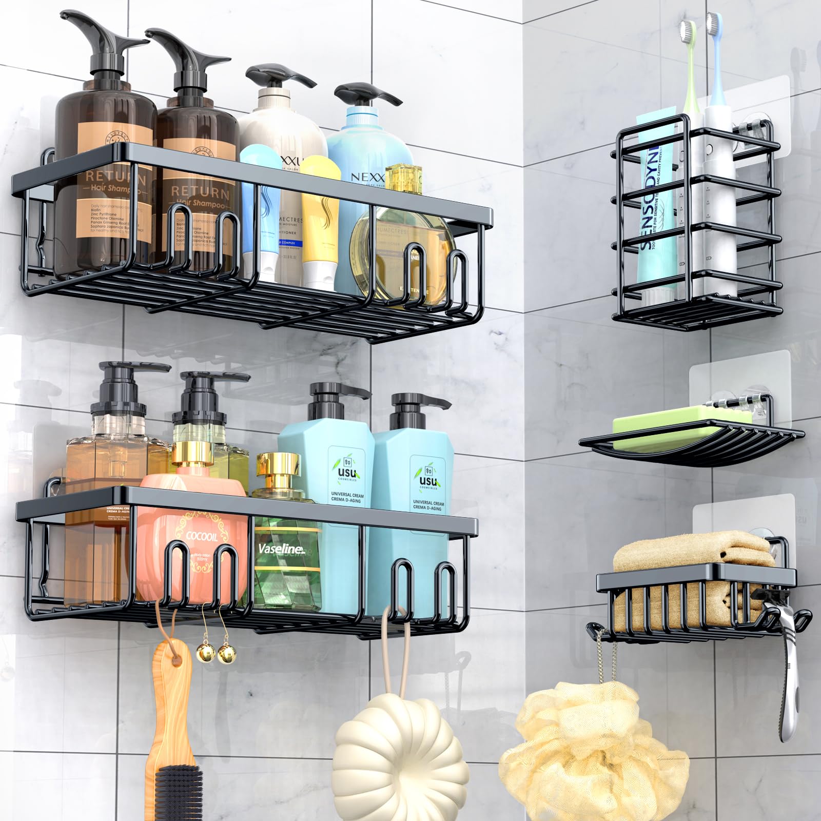 Shower Caddy 5 Pack, Adhesive Shower Organizer for Bathroom & Home & Kitchen, Rustproof Stainless Steel Shower Shelves with Hooks, No Drill, Large Capacity, Bathroom Organizer for Inside Shower