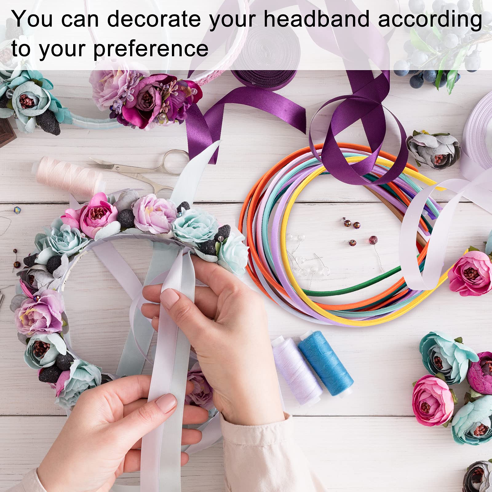 Duufin 60 Pieces Satin Headbands for Girls Headbands 1cm Satin Covered Plain Headband Colorful DIY Headband, 30 Colors