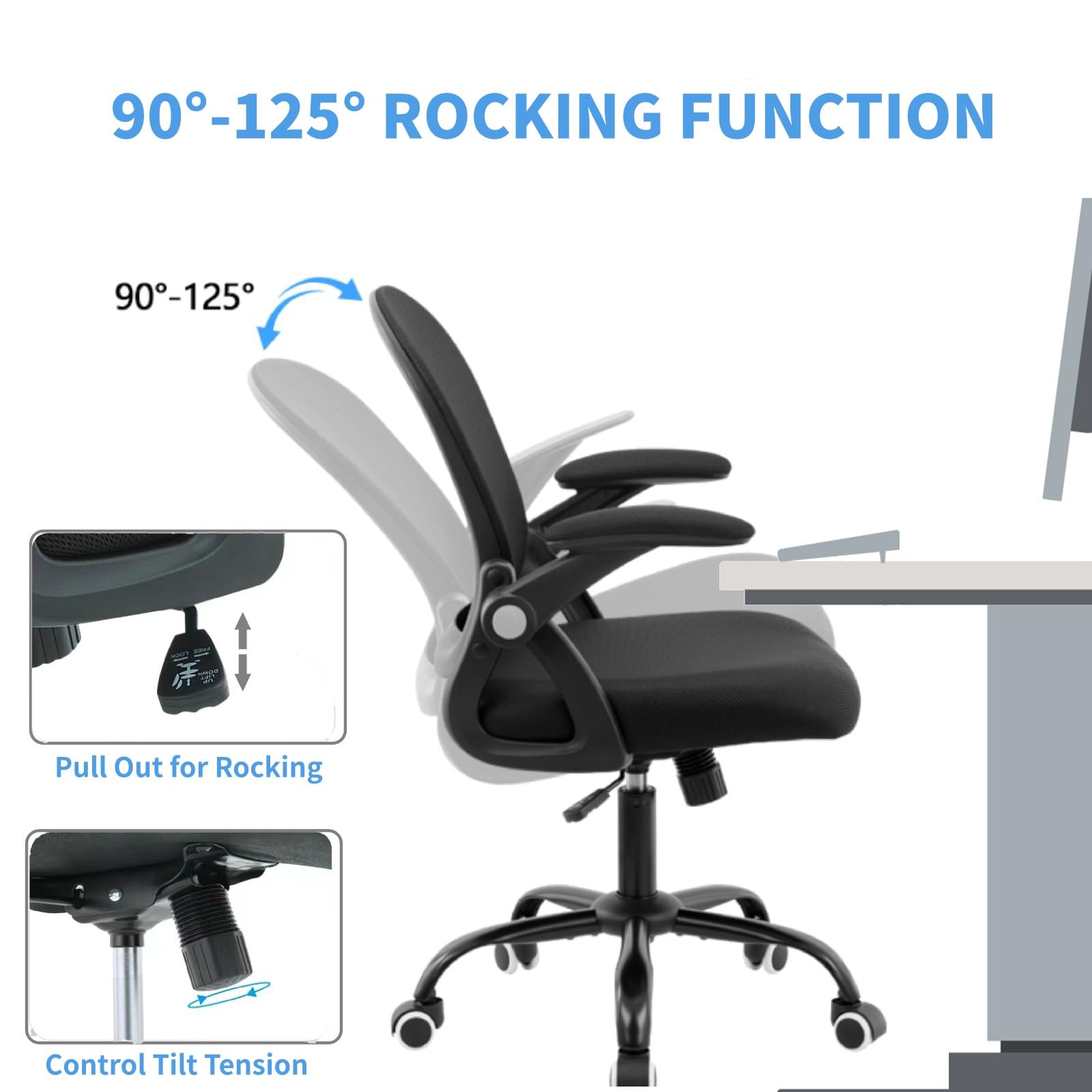 Office Desk Chair, Ergonomic Mesh Office Task Chairs, Mid-Back Computer Desk Chair with Wheels, Flip-up Arms Comfortable Lumbar Support for Home Study, Black