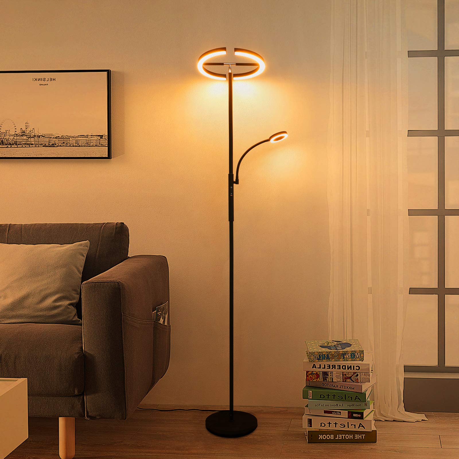 Ganiude Dimmable Modern LED Rotatable Torchiere Floor Lamp with Reading Light,Touch and Remote Control,Tall Standing Pole Lamp with Stepless Dimming and 3000K-6000K CCT for Living Room,Bedroom,Office