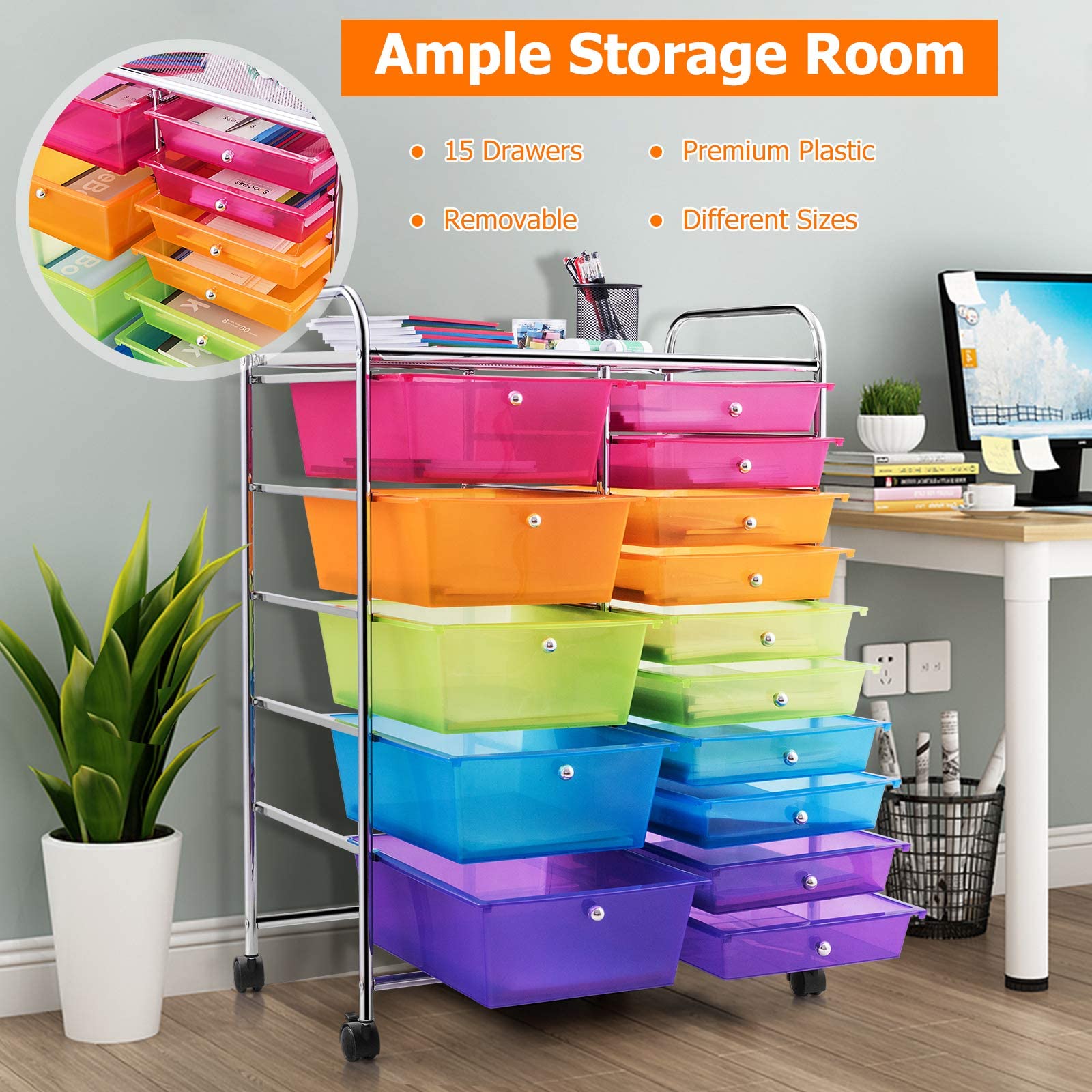 Giantex 15-Drawers Rolling Storage Cart, Mobile Book Paper Organizer Utility Trolley with Wheels, Ideal for School, Office, Home (Rainbow)