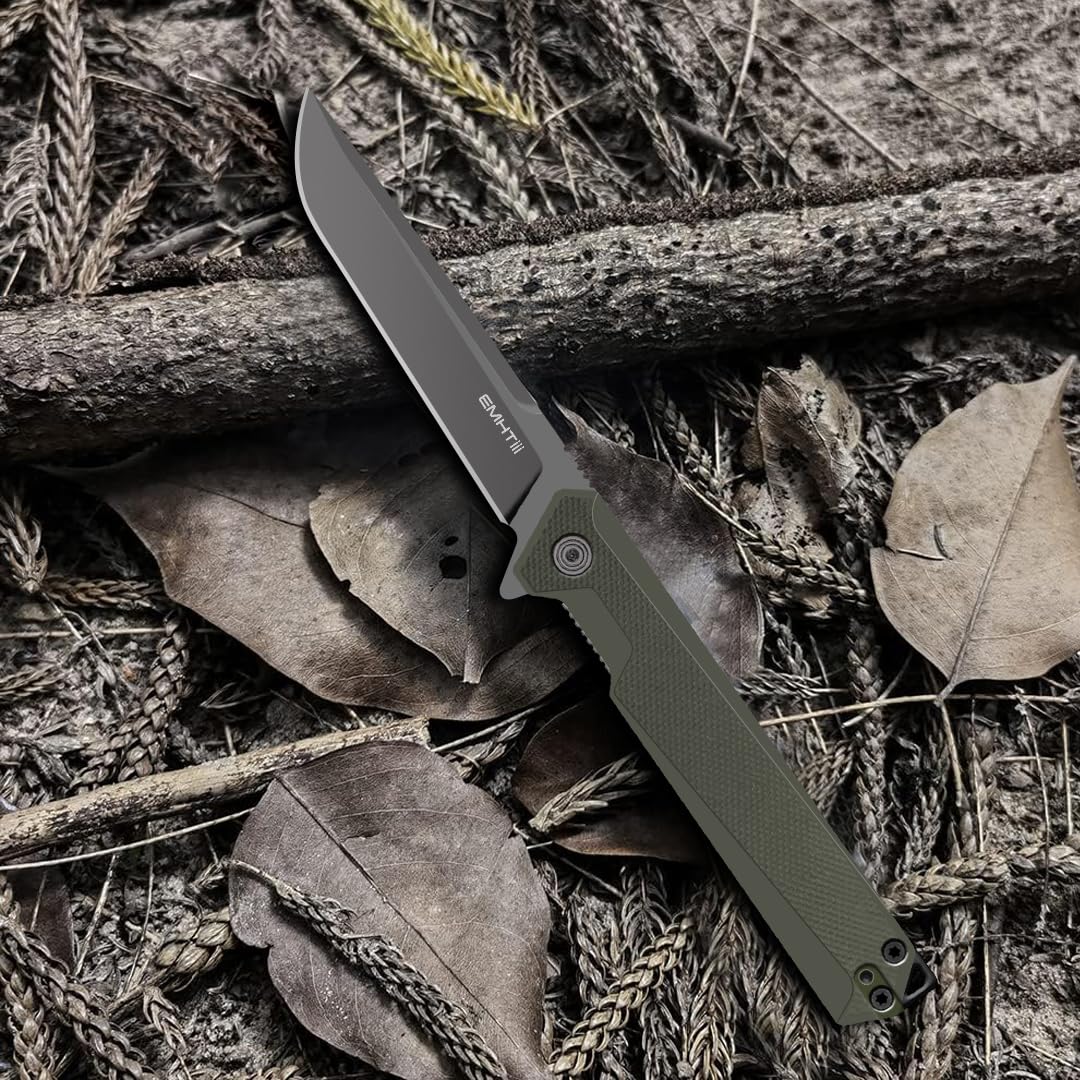 EMHiii Flipper Pocket Folding Knife: 3.54" D2 Steel Black Blade, G10 Scales, Slim EDC Knives with Reversible Deep Clip for Men and Women,Green