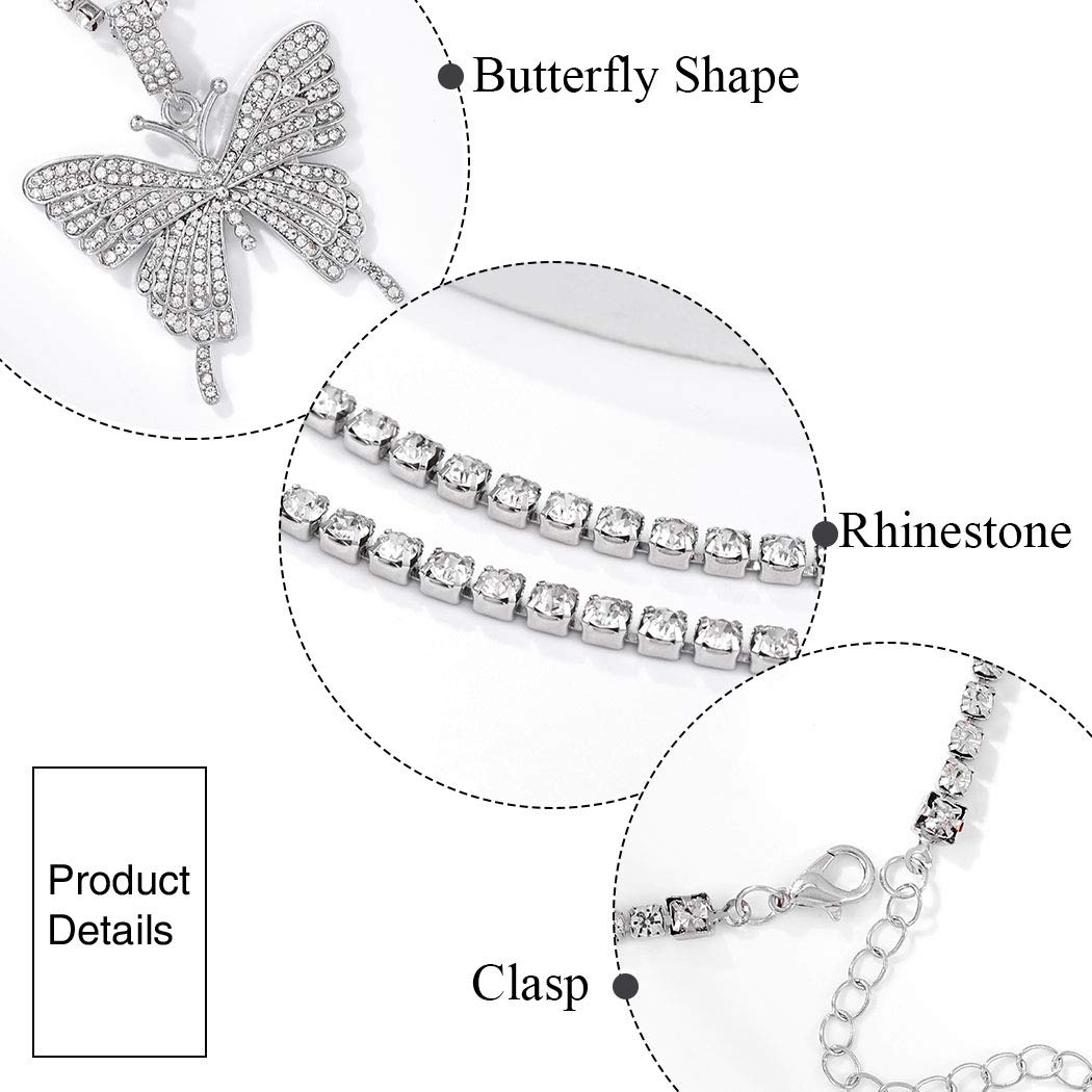 EARENT Rhinestone Butterfly Choker Necklace Crystal Butterfly Pendant Necklaces Chain Sparkly Neck Jewelry for Women (A-Silver)